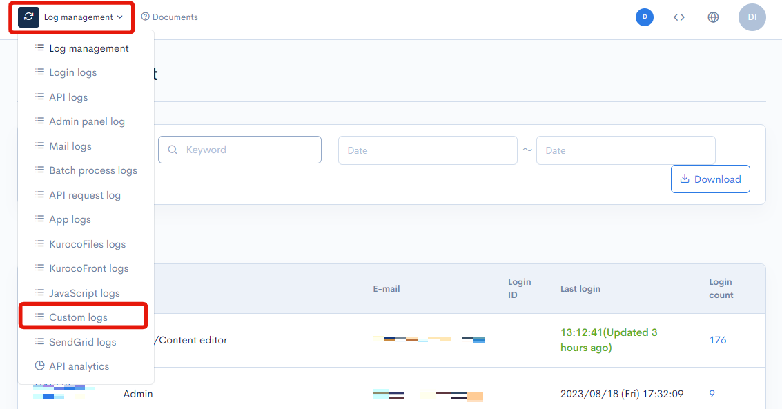 Custom logs | Enterprise Headless CMS Kuroco