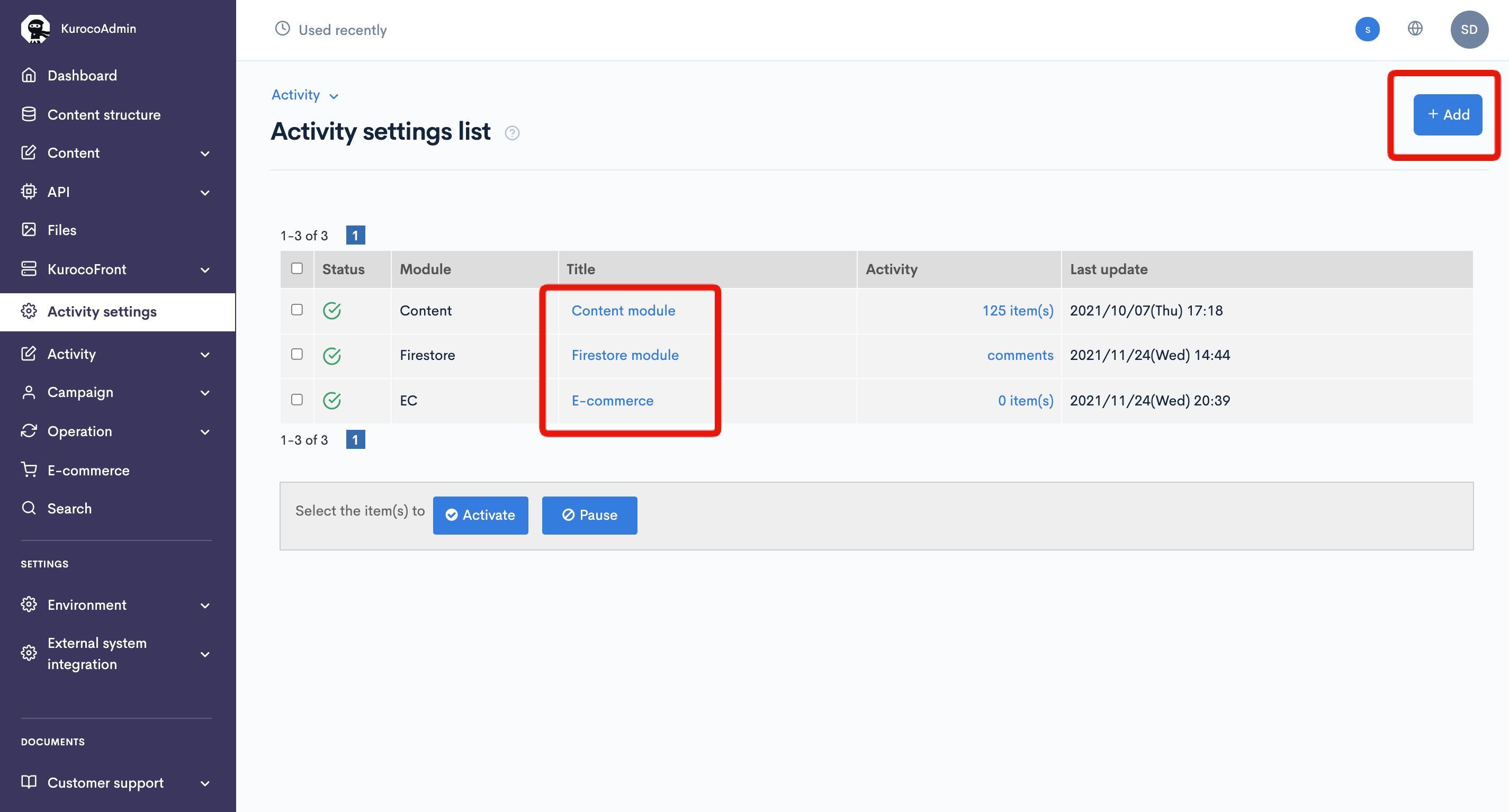 Activity settings | Enterprise Headless CMS Kuroco