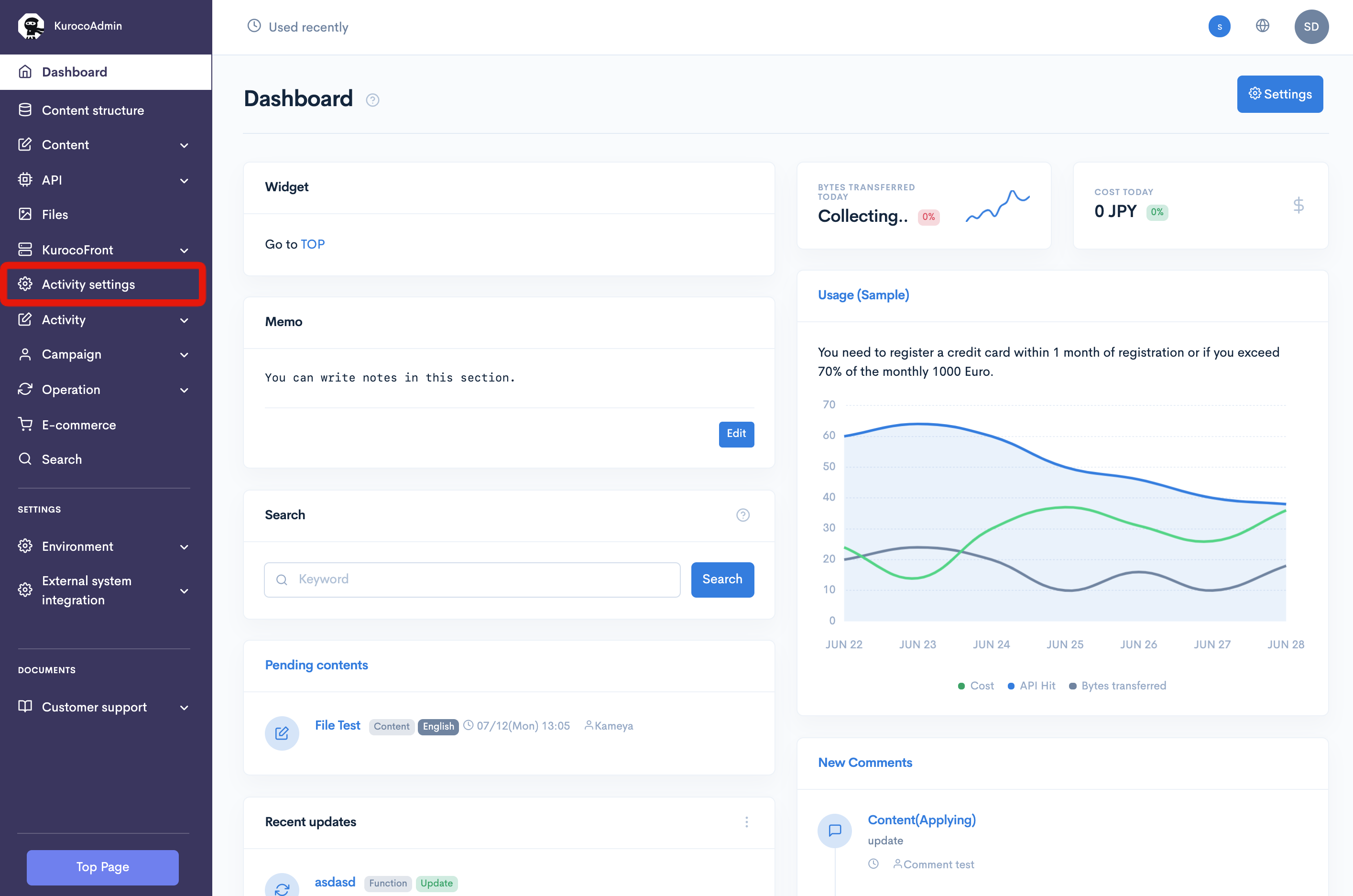 Activity settings | Enterprise Headless CMS Kuroco