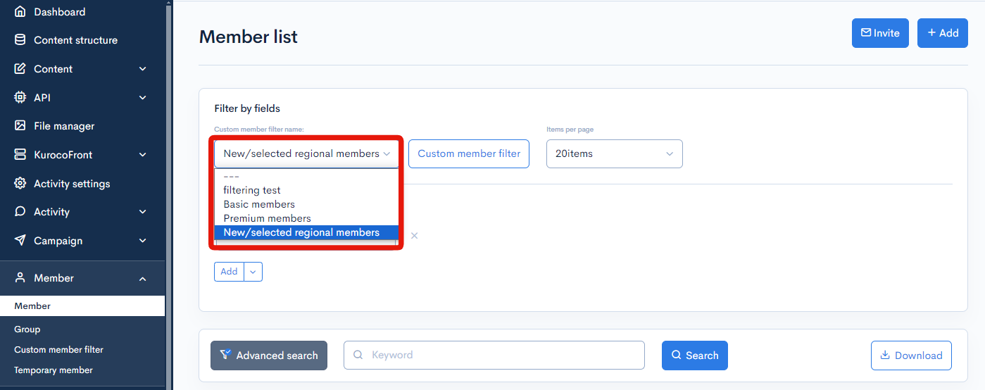 Using custom member filters | Enterprise Headless CMS Kuroco